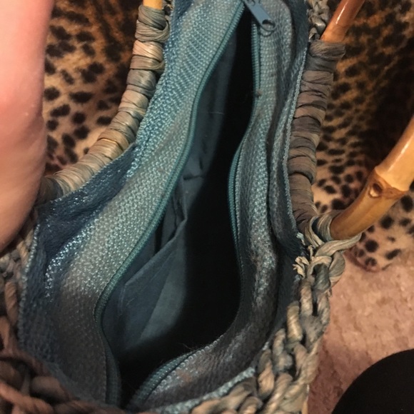 Vintage | Bags | Vintage Purse Turquoise Woven With Bamboo Handles ...